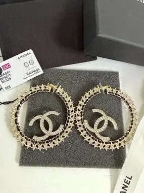 CHANEL | Jewelry | Chanel Gold Crystal Cc Staredged Hoop Earrings ...